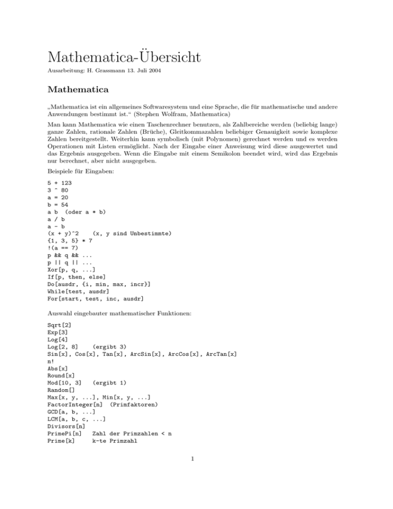Mathematica Ubersicht