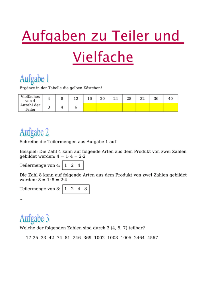 Aufgaben Zu Teiler Und Vielfache