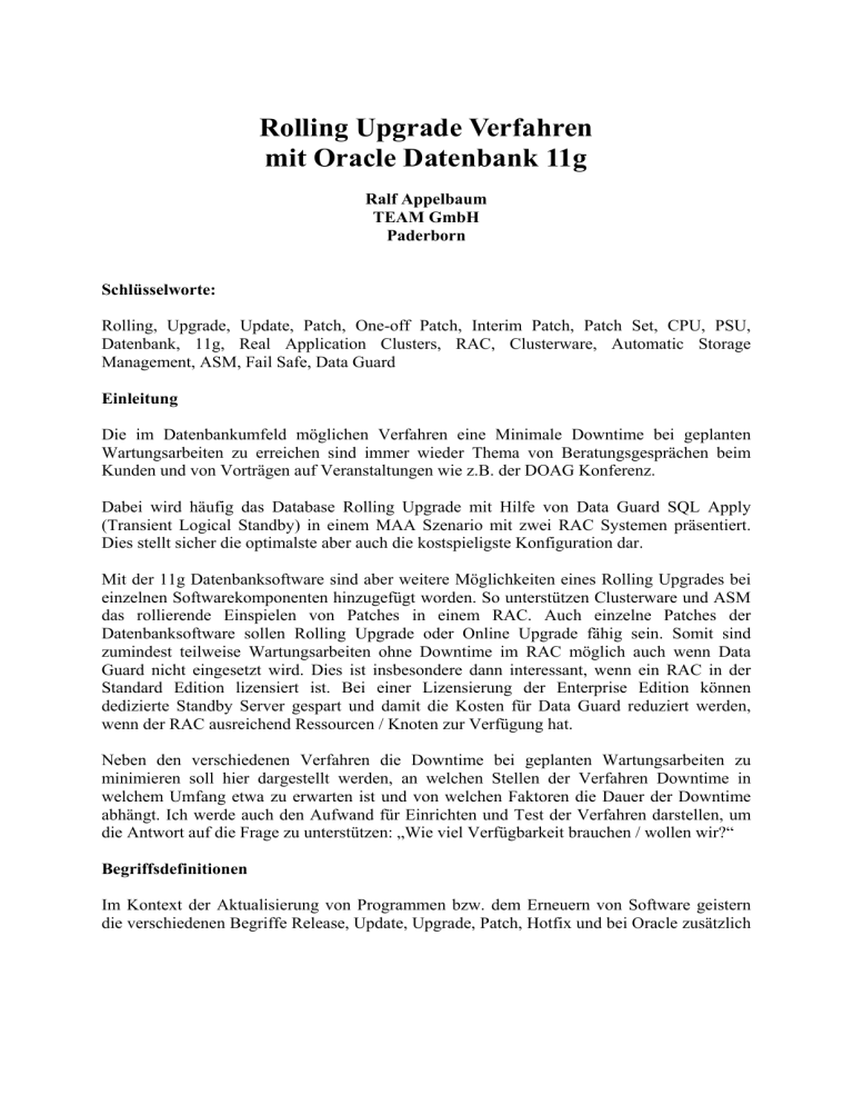Rolling Upgrade Verfahren mit Oracle Datenbank 11g